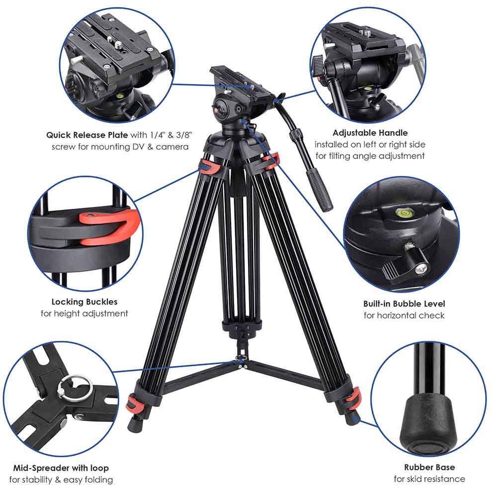 Yescom 71in Adjustable Camera Tripod Kit 3-Height 360 Fluid Head w/ Ba