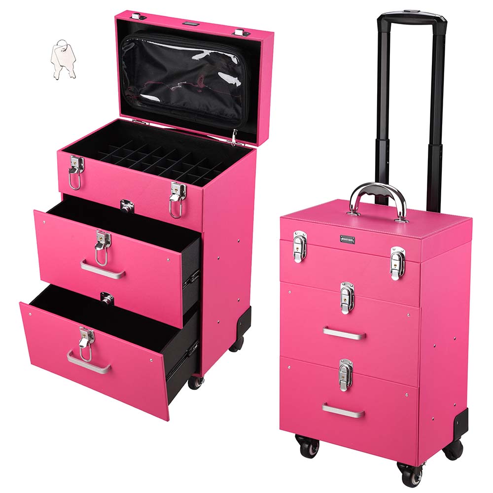 Byootique Pink Rolling Makeup Case with Drawers Nail Artist – yescomusa